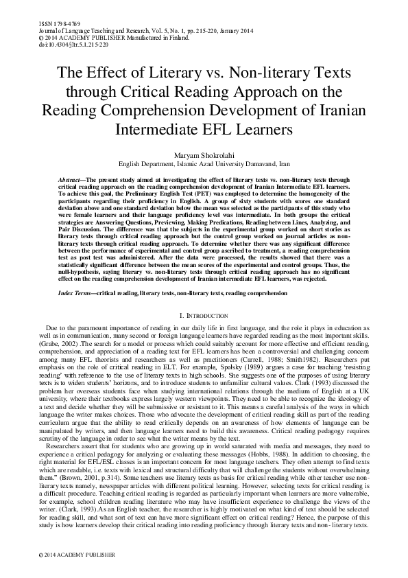 (PDF) The Effect of Literary vs. Non-literary Texts through Critical ...