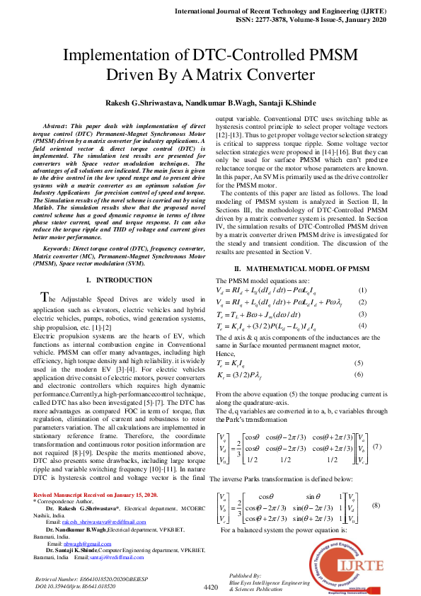 (PDF) Implementation of DTC-Controlled PMSM Driven By a Matrix Converter