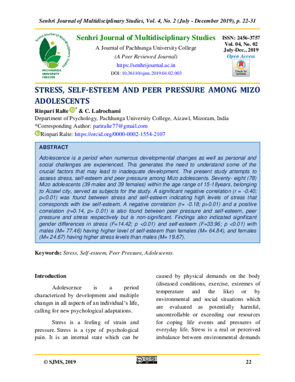 (PDF) Stress, Self-Esteem and Peer Pressure among Mizo Adolescents