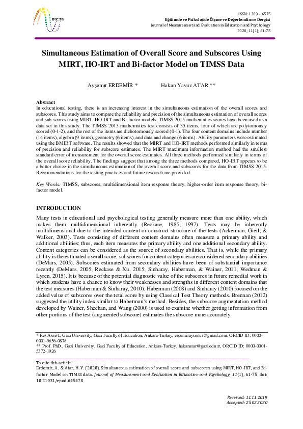 (PDF) Simultaneous Estimation of Overall Score and Subscores Using MIRT, HO-IRT and Bi-factor ...