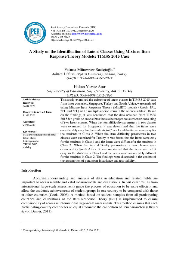 (PDF) A Study on the Identification of Latent Classes Using Mixture Item Response Theory Models ...