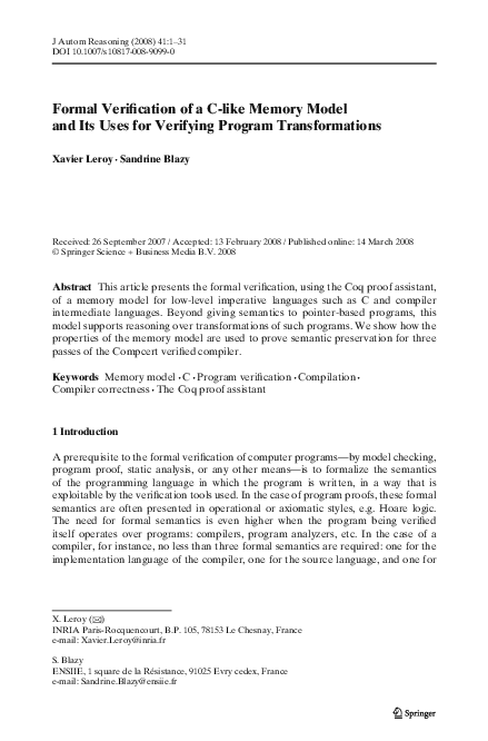 Pdf Formal Verification Of A C Like Memory Model And Its Uses For Verifying Program