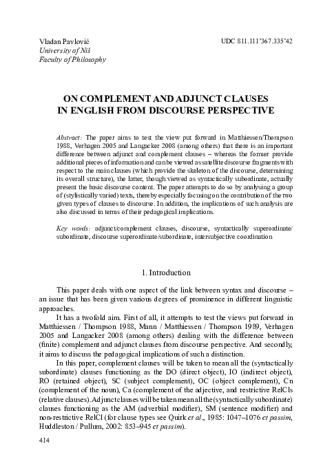 (PDF) On Complement and Adjunct Clauses in English from Discourse ...