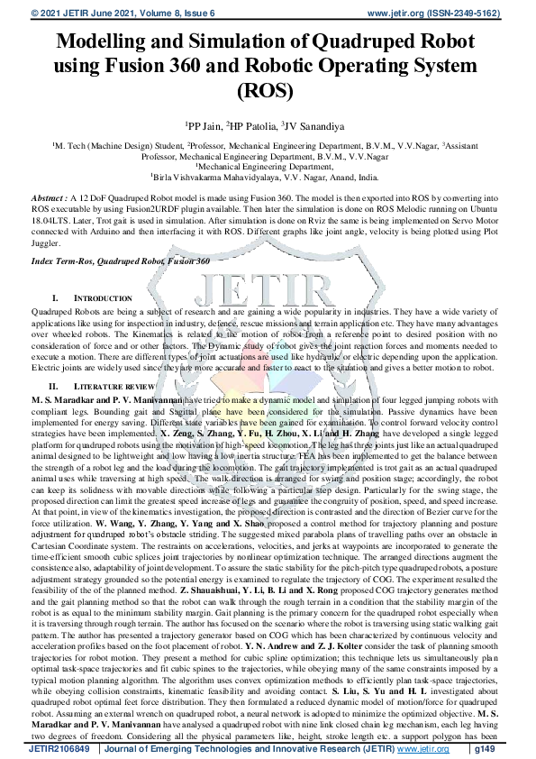 (PDF) Modelling and Simulation of Quadruped Robot using Fusion 360 and Robotic Operating System ...
