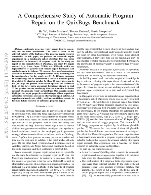 (PDF) A Comprehensive Study of Automatic Program Repair on the QuixBugs Benchmark | Matias ...