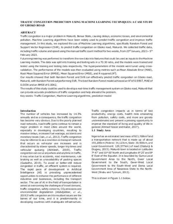(PDF) TRAFFIC CONGESTION PREDICTION USING MACHINE LEARNING TECHNIQUES ...