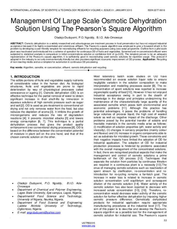 (PDF) Management Of Large Scale Osmotic Dehydration Solution Using The ...
