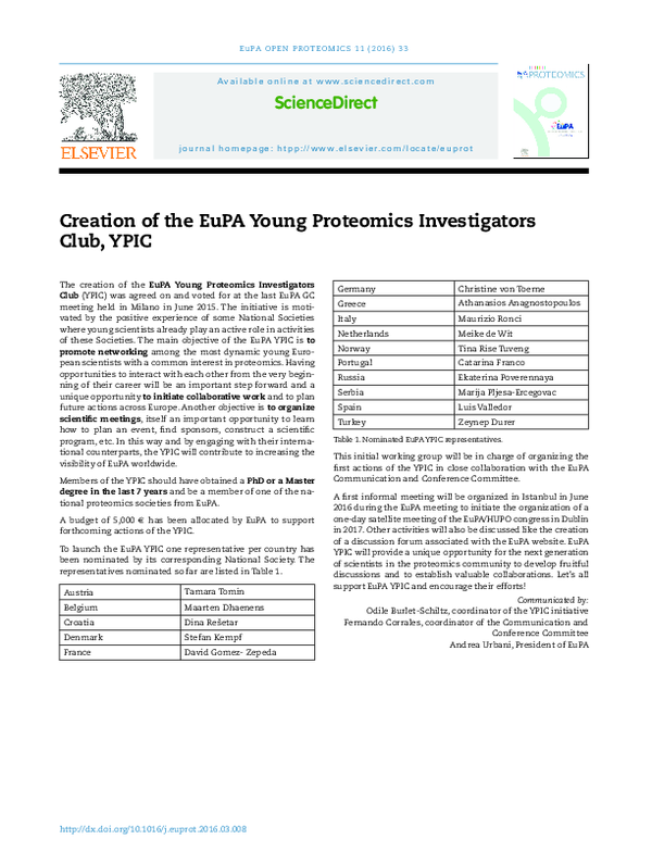 (PDF) Creation of the EuPA Young Proteomics Investigators Club, YPIC