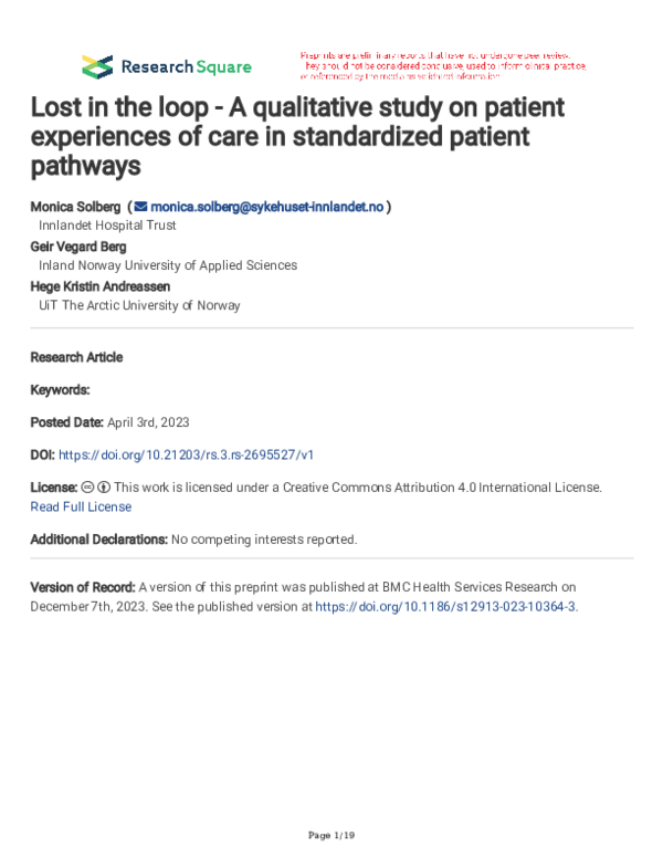 (PDF) Lost in the loop - A qualitative study on patient experiences of ...