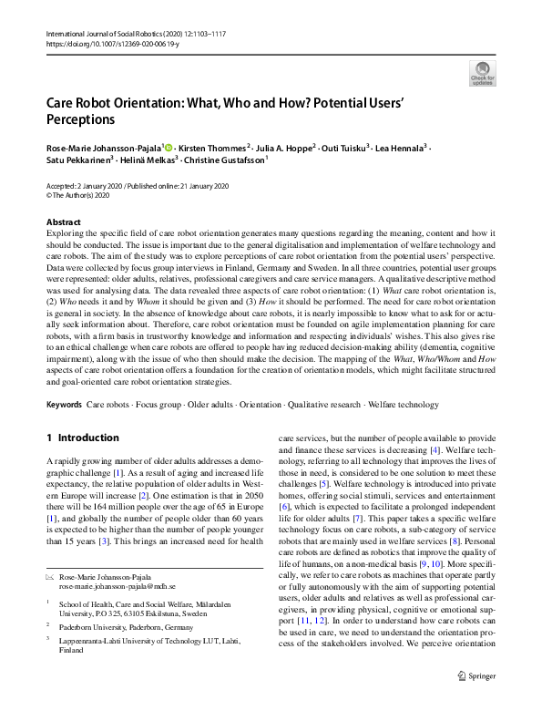 (PDF) Care Robot Orientation: What, Who and How? Potential Users’ Perceptions | Helinä Melkas ...