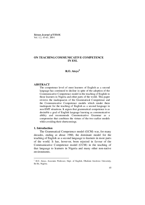 (PDF) On Teaching Communicative Competence in ESL