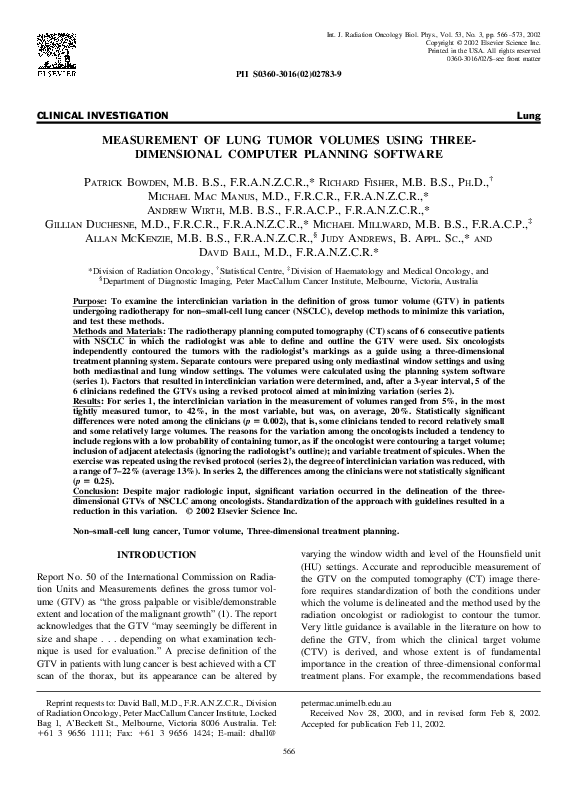 (PDF) Measurement of lung tumor volumes using three-dimensional computer planning software