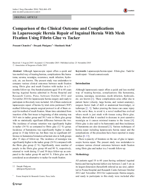 (PDF) Comparison of the Clinical Outcome and Complications in Laparoscopic Hernia Repair of ...