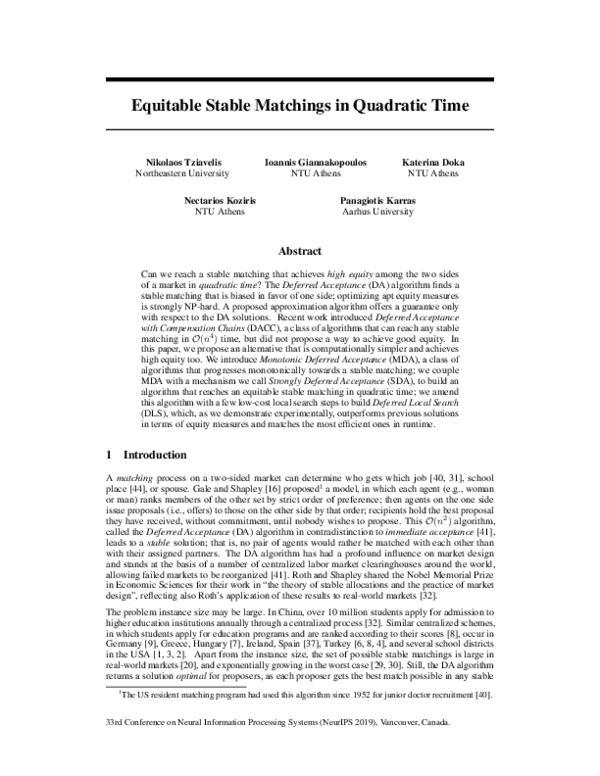 (PDF) Equitable Stable Matchings in Quadratic Time | Nectarios Koziris ...