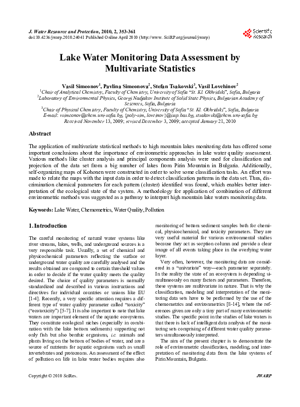 (PDF) Lake Water Monitoring Data Assessment by Multivariate Statistics