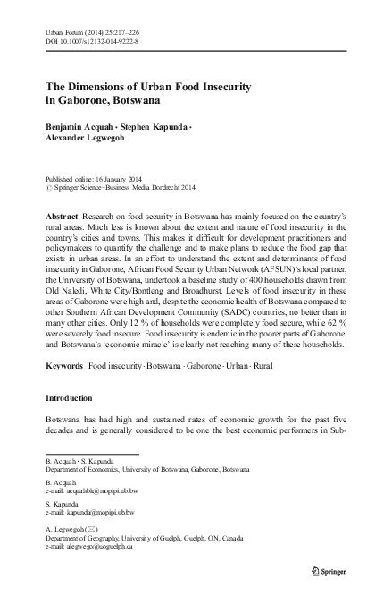 (PDF) The Dimensions of Urban Food Insecurity in Gaborone, Botswana