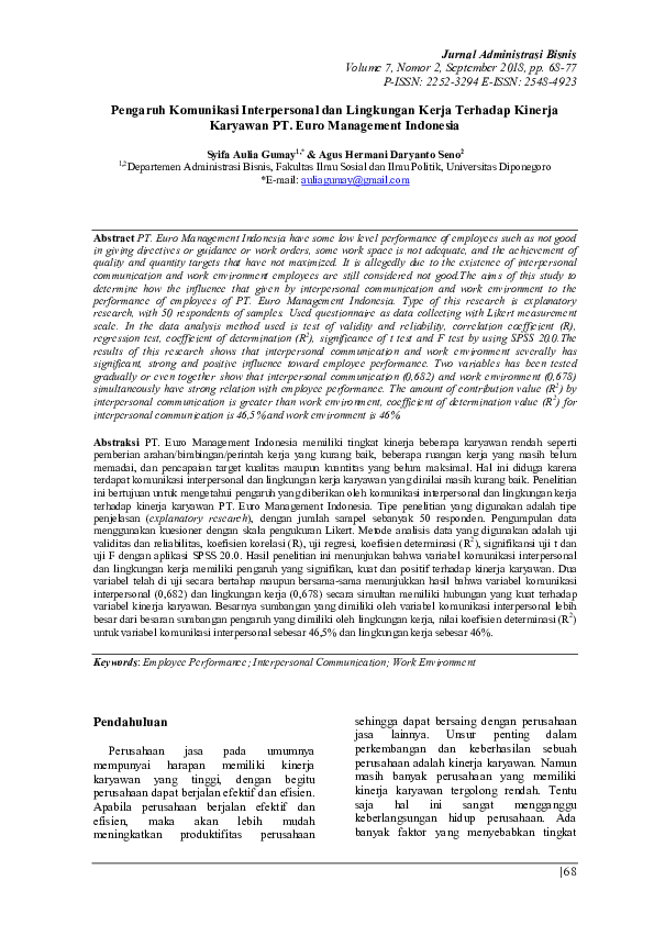 (PDF) Pengaruh Komunikasi Interpersonal dan Lingkungan Kerja Terhadap Kinerja Karyawan PT. Euro ...
