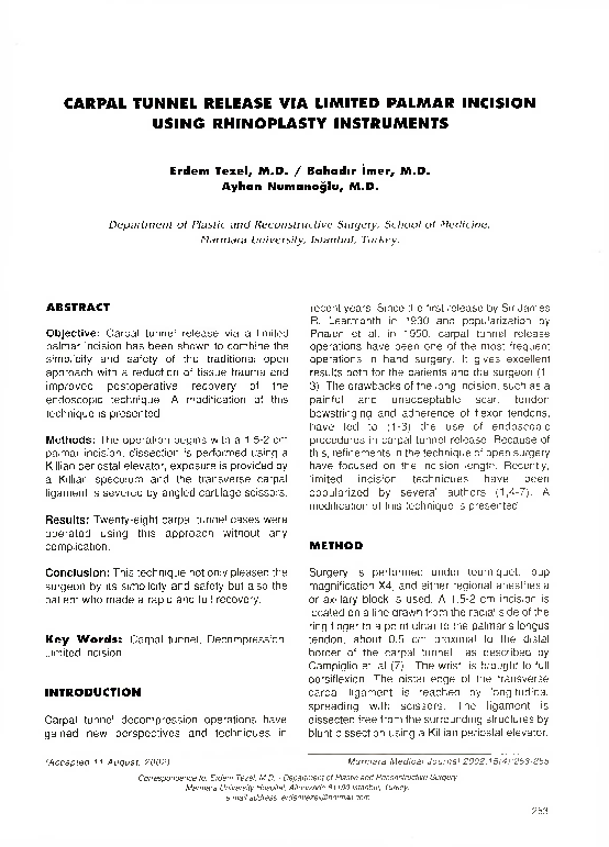 (PDF) Carpal Tunnel Release via Limited Palmar Incision Using ...