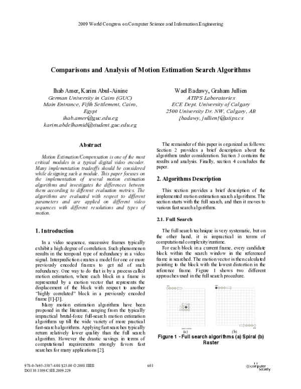 (PDF) Comparisons and Analysis of Motion Estimation Search Algorithms