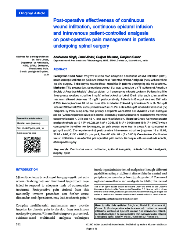 (PDF) Post-operative effectiveness of continuous wound infiltration ...