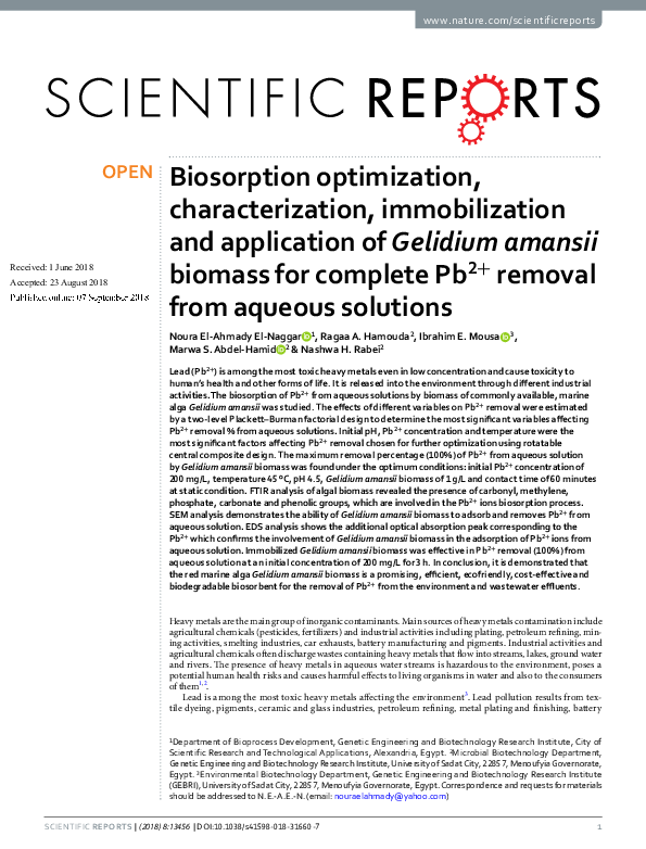 (PDF) Biosorption optimization, characterization, immobilization and application of Gelidium ...