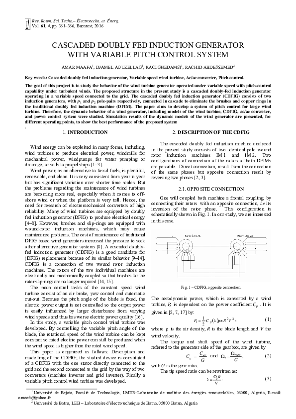 Pdf Cascaded Doubly Fed Induction Generator With Variable Pitch Control System