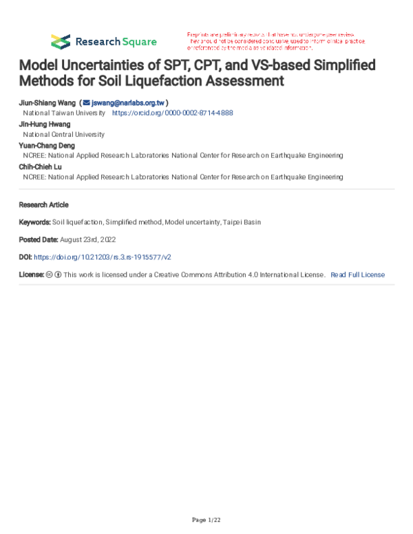 (PDF) Model Uncertainties of SPT, CPT, and VS-based Simplified Methods for Soil Liquefaction ...