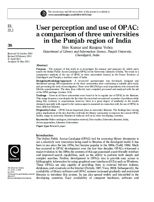 (PDF) User perception and use of OPAC: a comparison of three ...