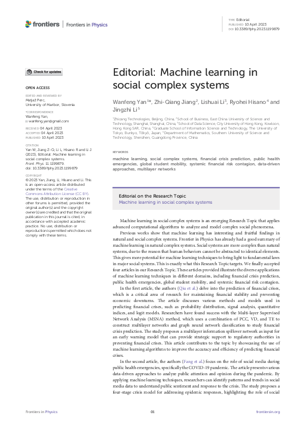 (PDF) Editorial: Machine learning in social complex systems