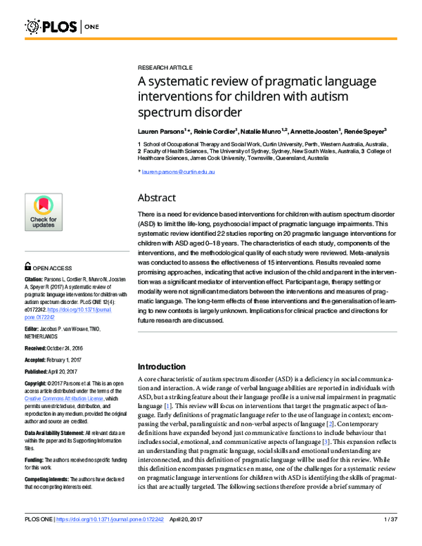 (PDF) A systematic review of pragmatic language interventions for children with autism spectrum ...