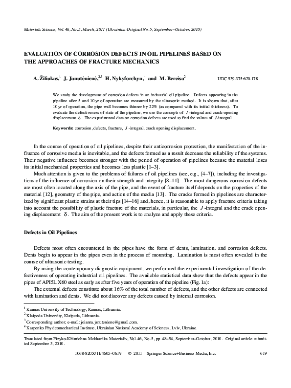 (PDF) Evaluation of corrosion defects in oil pipelines based on the approaches of fracture mechanics