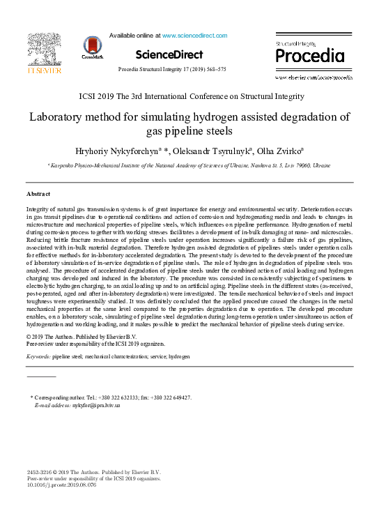 (PDF) Laboratory method for simulating hydrogen assisted degradation of gas pipeline steels
