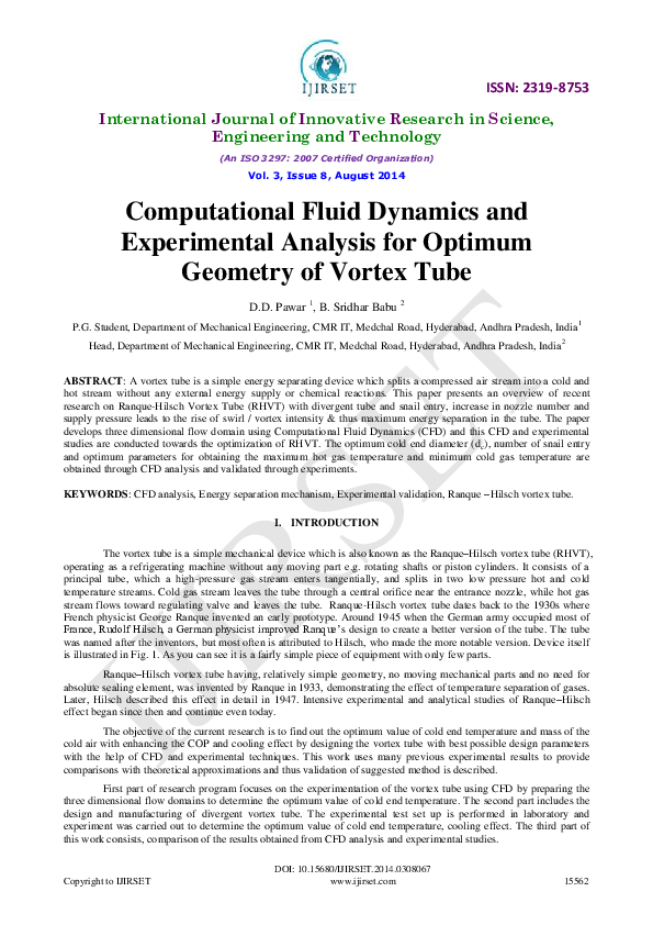 (PDF) Computational Fluid Dynamics and Experimental Analysis for Optimum Geometry of Vortex Tube