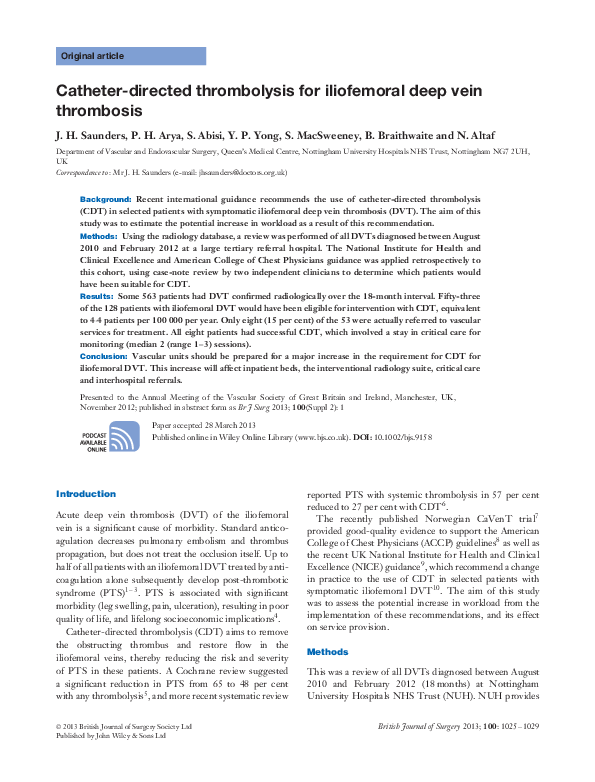 (PDF) Catheter-directed thrombolysis for iliofemoral deep vein thrombosis