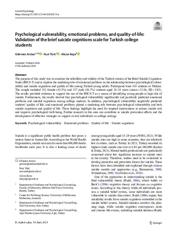 (PDF) Psychological vulnerability, emotional problems, and quality-of ...