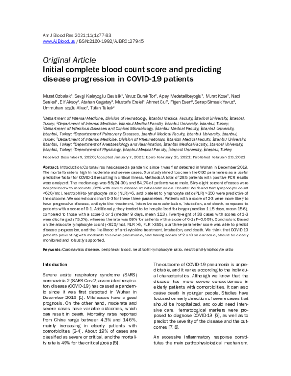 (PDF) Initial complete blood count score and predicting disease ...
