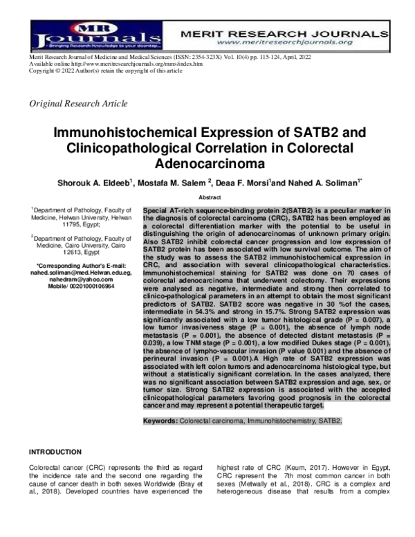 (PDF) Immunohistochemical Expression of SATB2 and Clinicopathological ...