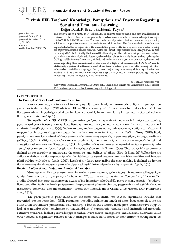(PDF) Turkish EFL Teachers' Knowledge, Perceptions and Practices Regarding Social and Emotional ...