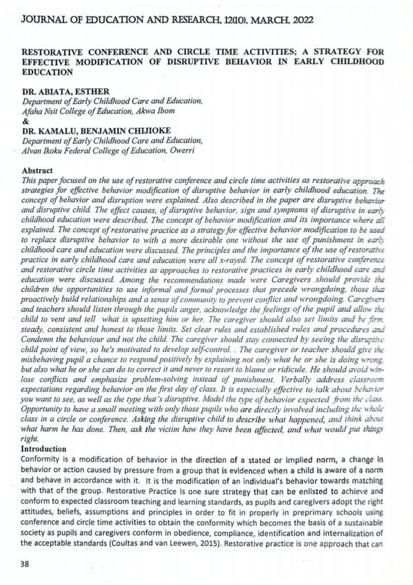 (PDF) Restorative conference and circle time activities;A strategy for ...