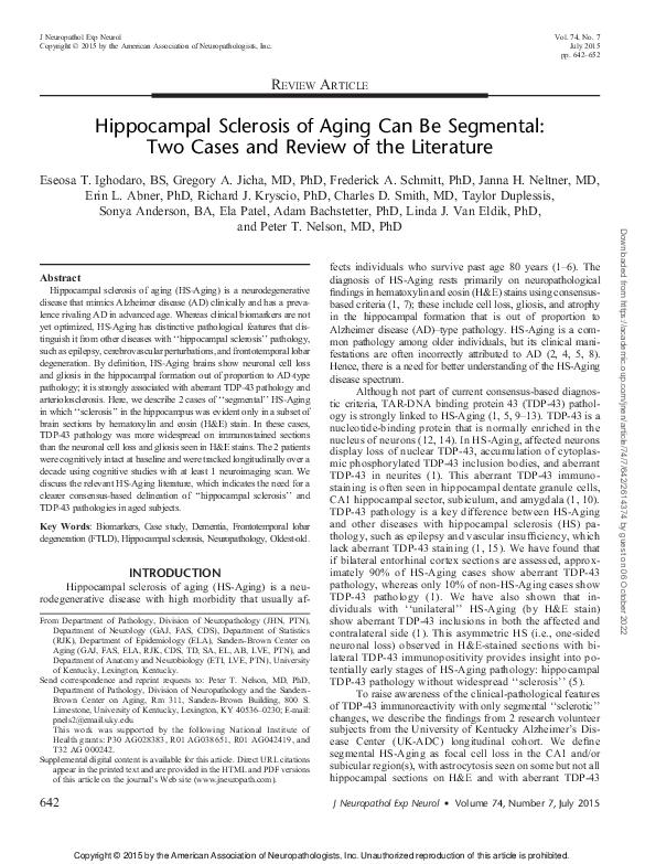 (PDF) Hippocampal Sclerosis of Aging Can Be Segmental | Gregory Jicha ...