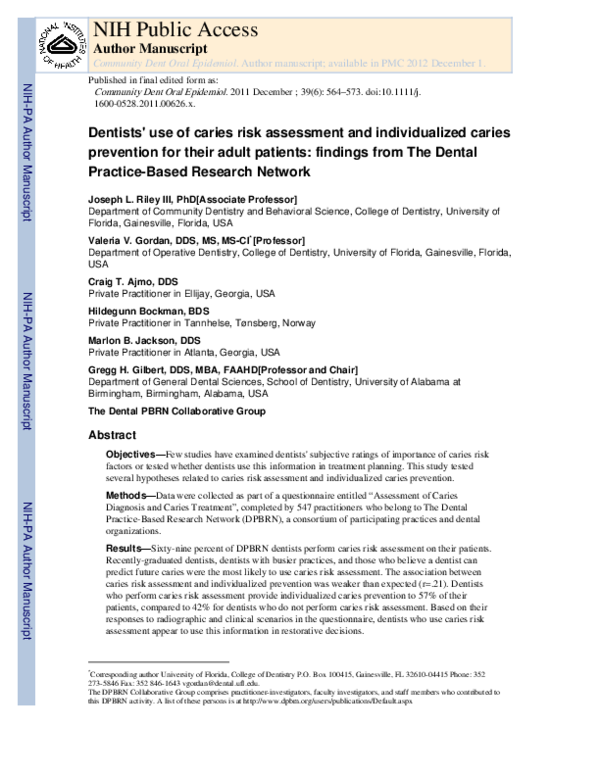 (PDF) Dentists’ use of caries risk assessment and individualized caries prevention for their ...