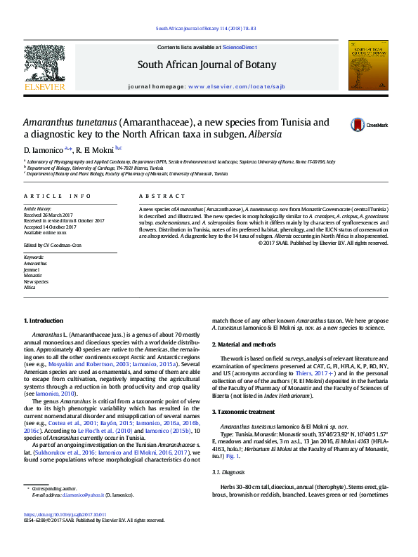 (PDF) Amaranthus tunetanus (Amaranthaceae), a new species from Tunisia ...