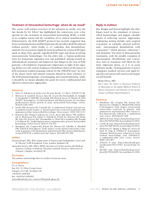 (PDF) Treatment of intracerebral hemorrhage: where do we stand?