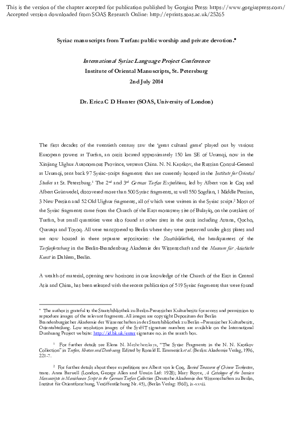 (PDF) Syriac Manuscripts from Turfan: Public Worship and Private Devotion