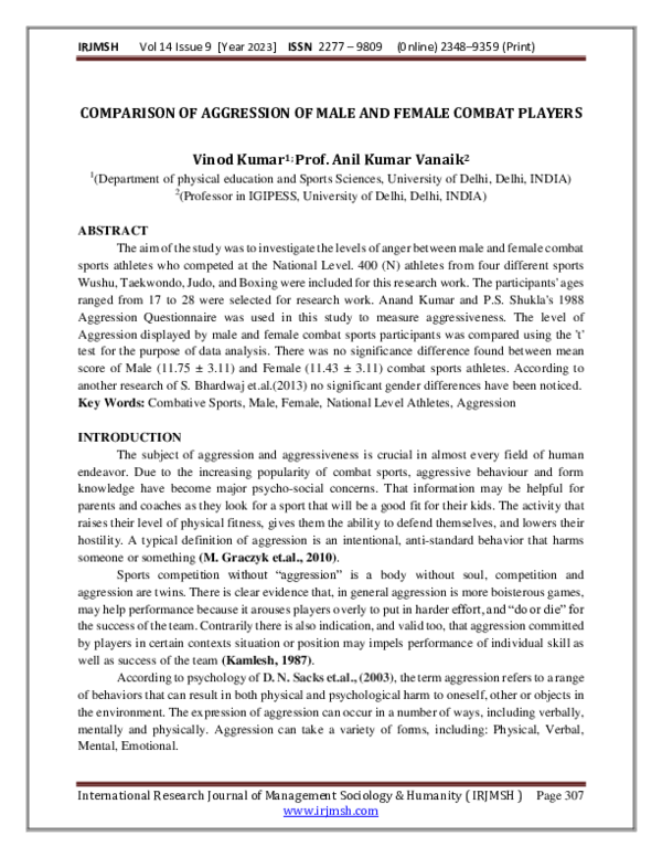 (PDF) COMPARISON OF AGGRESSION OF MALE AND FEMALE COMBAT PLAYERS