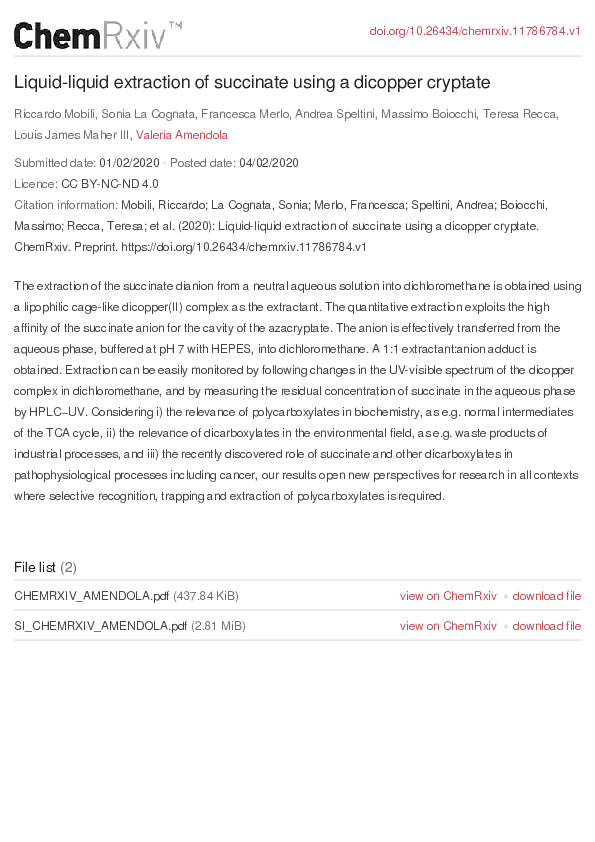 (PDF) Liquid-liquid extraction of succinate using a dicopper cryptate
