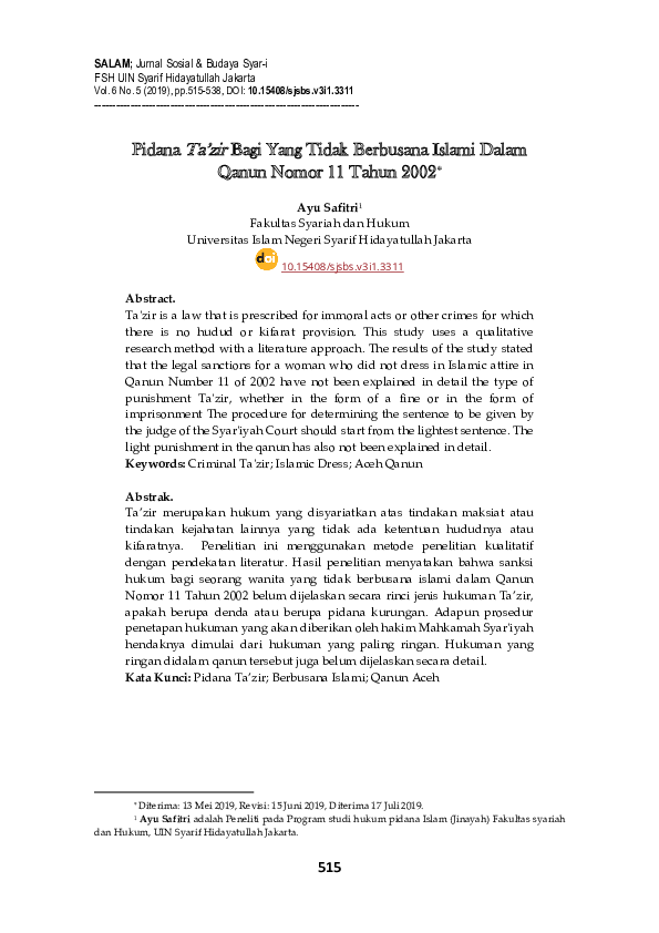 (PDF) Pidana Ta’Zir Bagi Yang Tidak Berbusana Islami Dalam Qanun Nomor 11 Tahun 2002