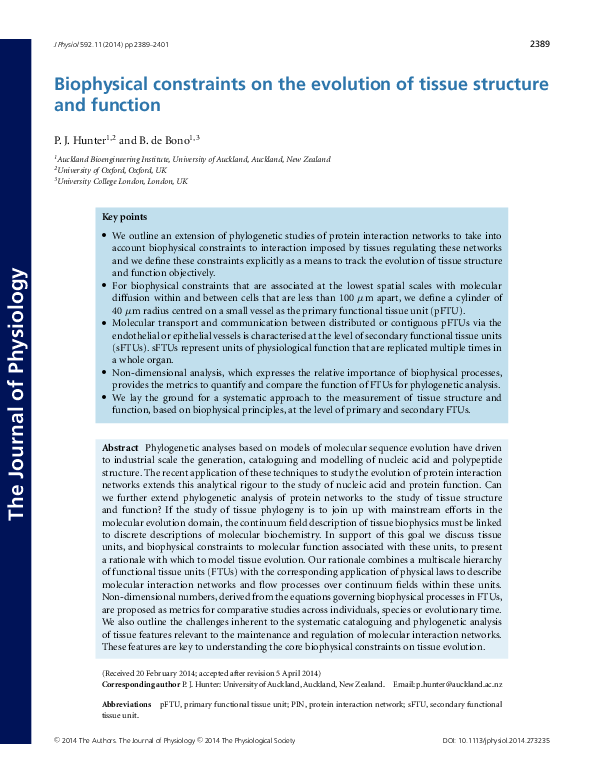 (PDF) Biophysical constraints on the evolution of tissue structure and function