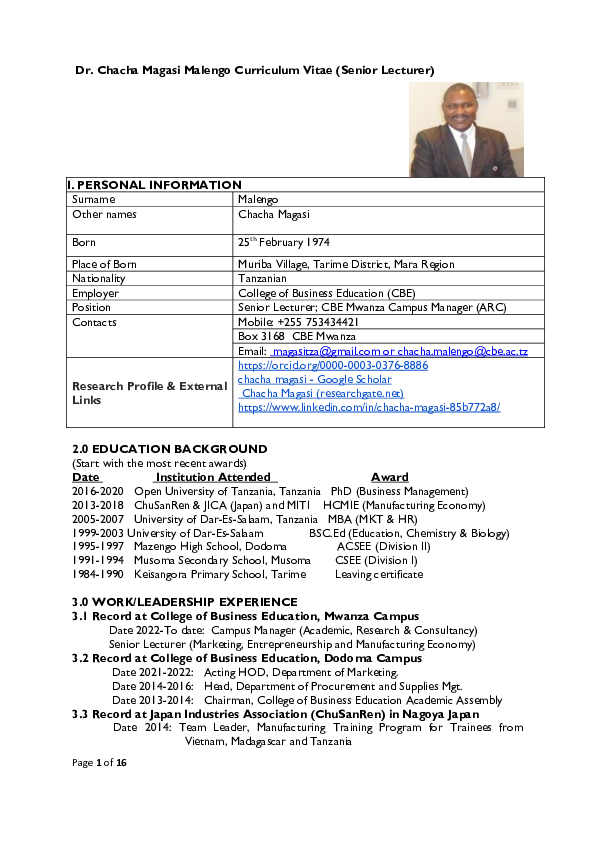(PDF) CV Dr Chacha Magasi Malengo doc ACADEMIVC ISSUES DAR | Chacha Magasi - Academia.edu