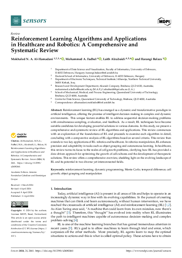 Pdf Reinforcement Learning Algorithms And Applications In Healthcare And Robotics A